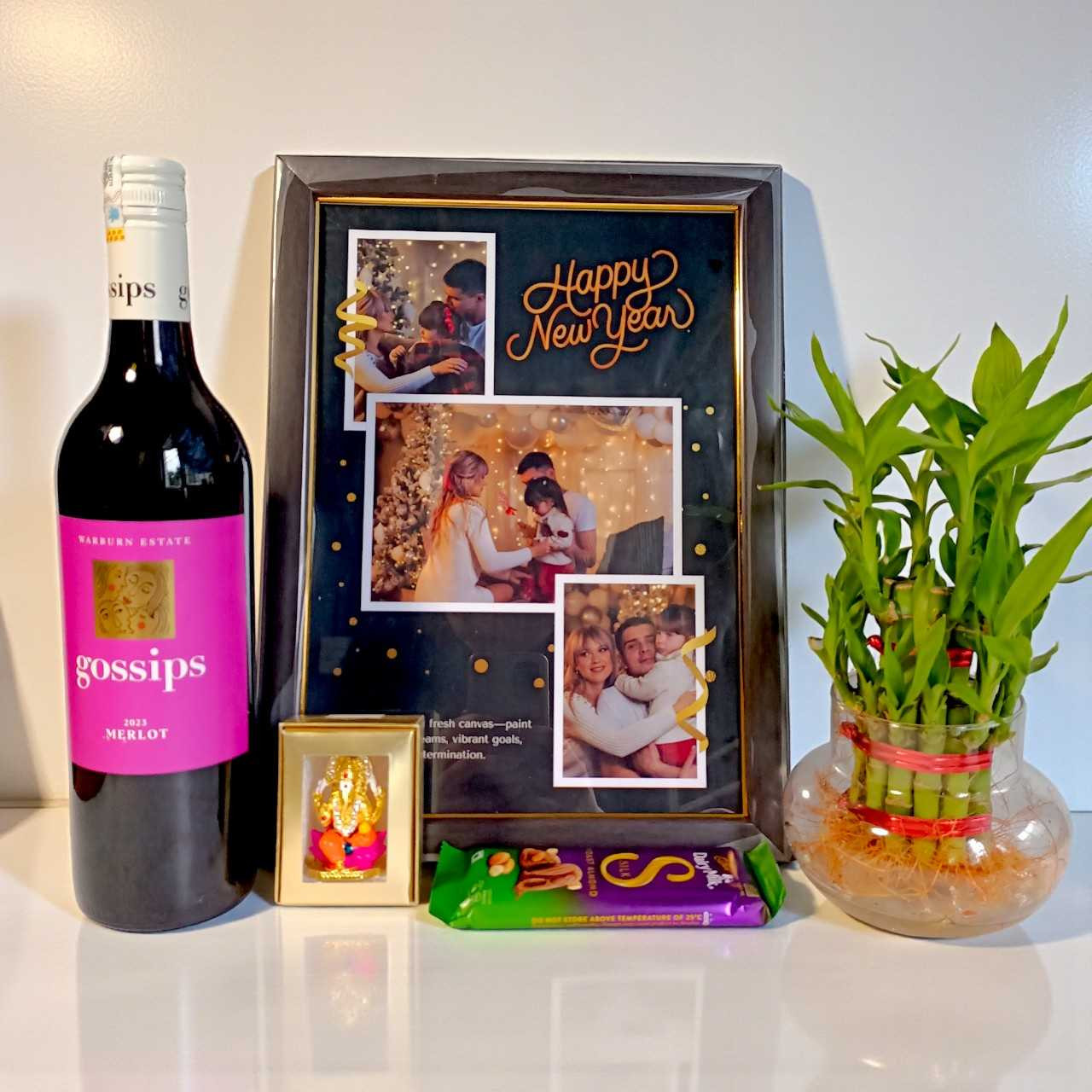 New Year Gift Combo with Red Wine 750ml & Personalized Photo Frame
