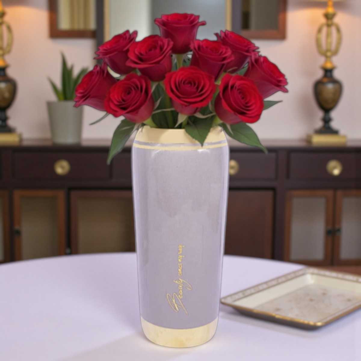 Fresh Red Roses In High Quality Ceramic Vase 12''