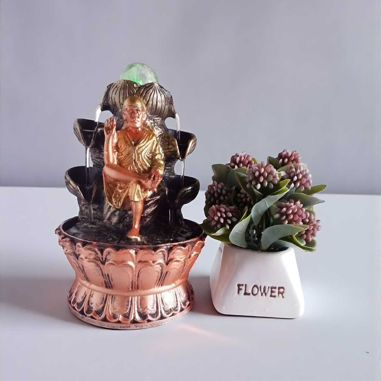 Sai Baba Water Fountain & Pink Plant Decor Set