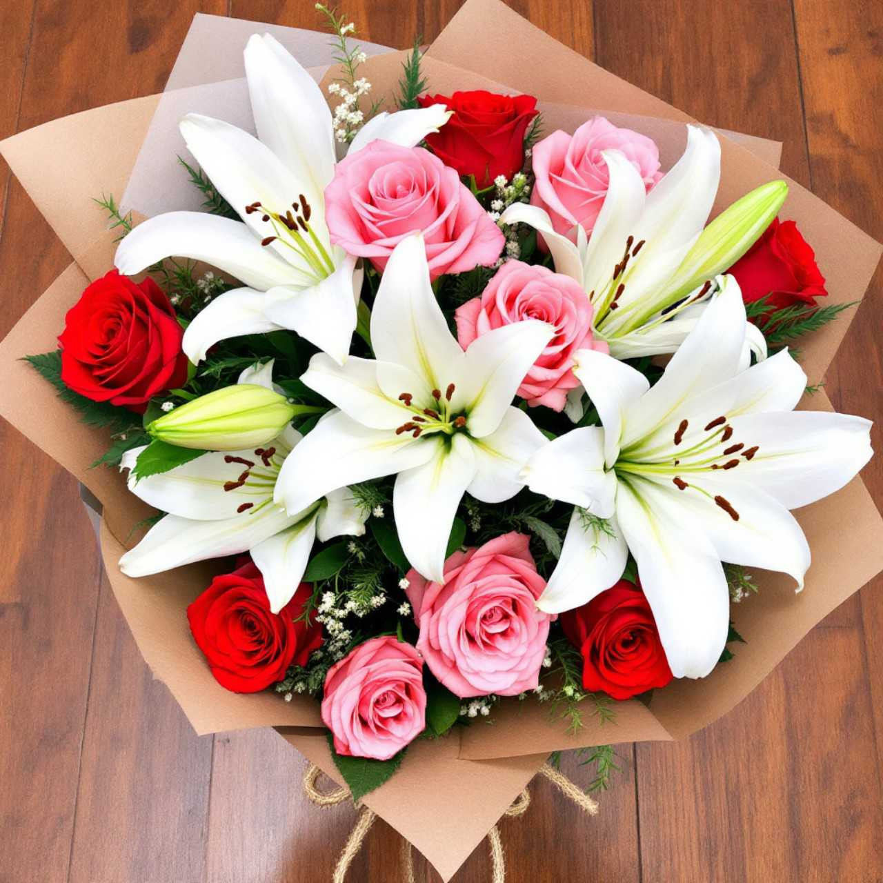 Fresh Roses & Lilies Bouquet - Flower Subscription Gift to Nepal ...