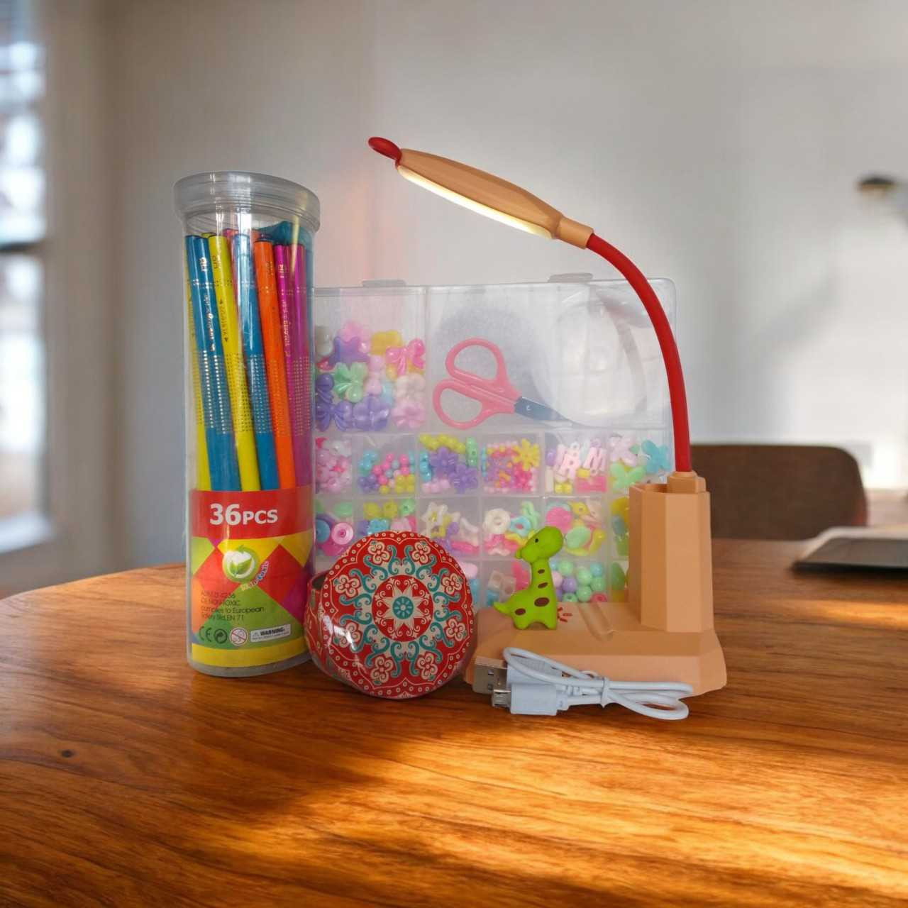 Creative Kids Gift Set: LED Lamp, DIY Bead Kit, Candle & Stationery Fun