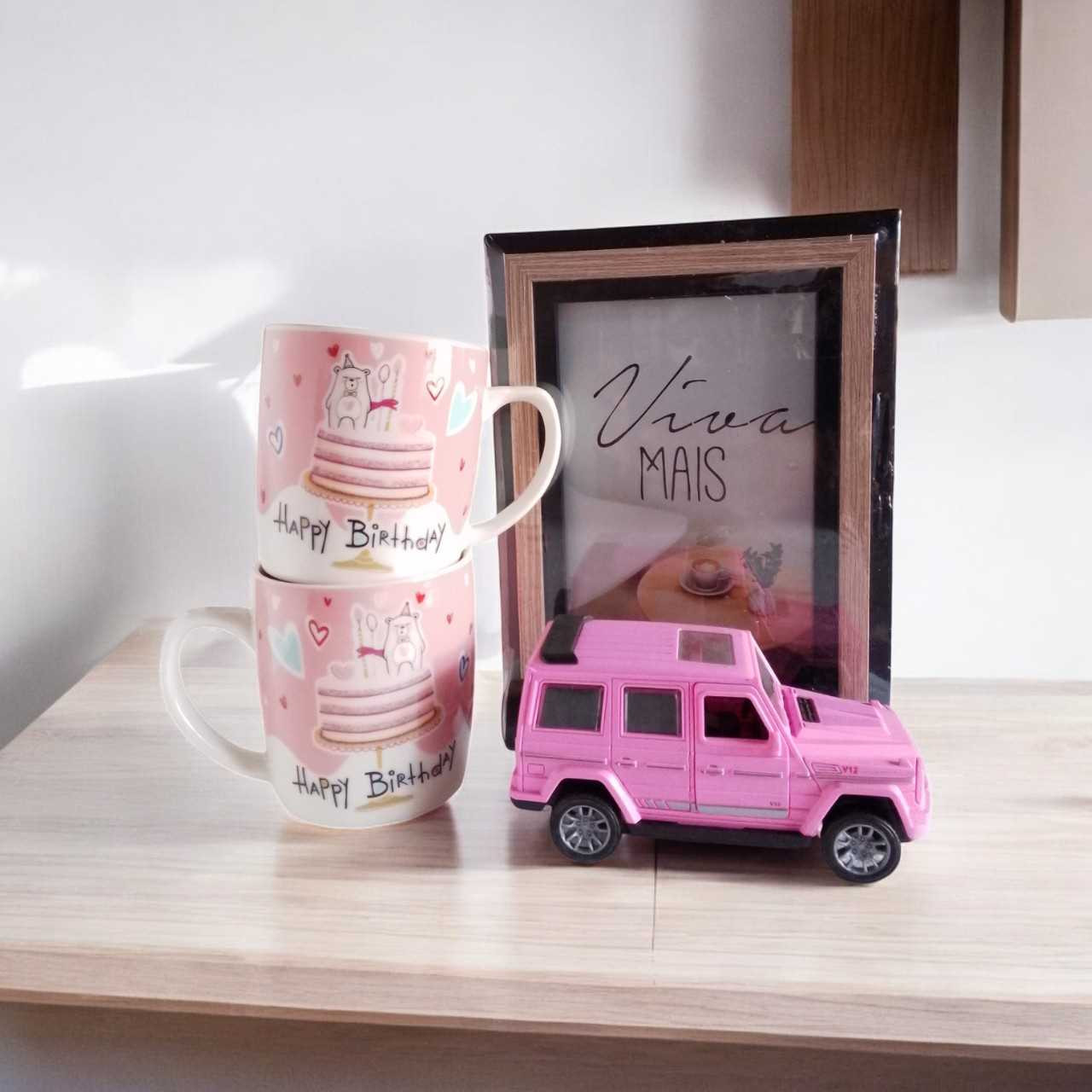 Twin Birthday Mugs With Pink Car & Photo Frame Gift Set