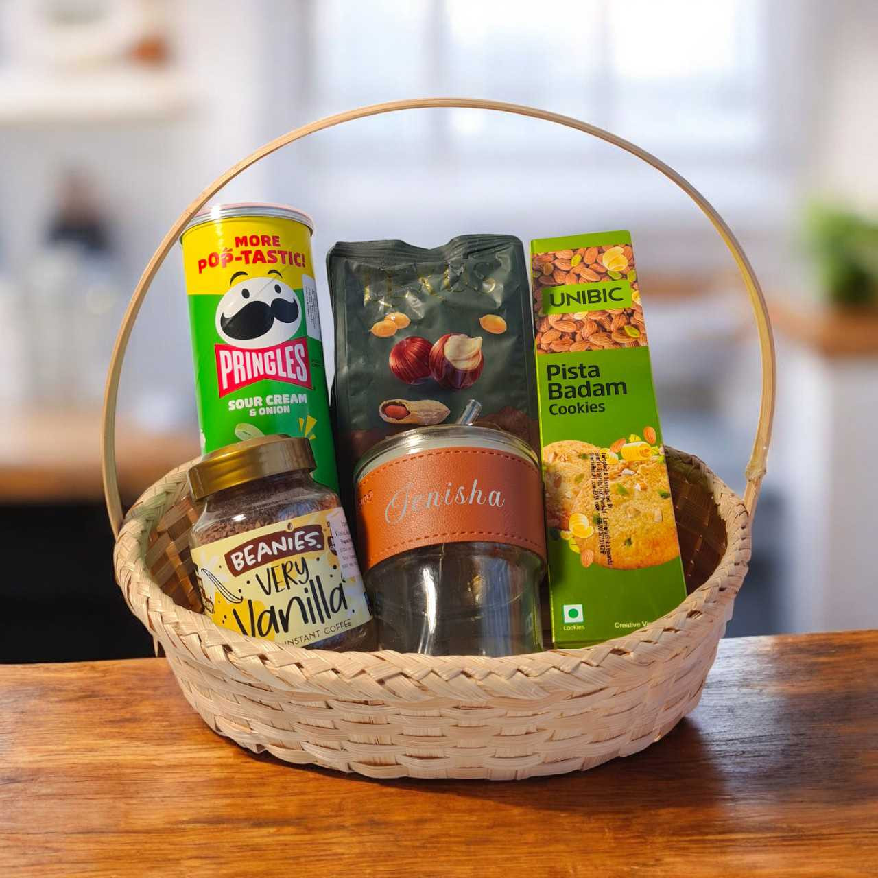 Personalized Glass Sipper & Snacks Gift Basket