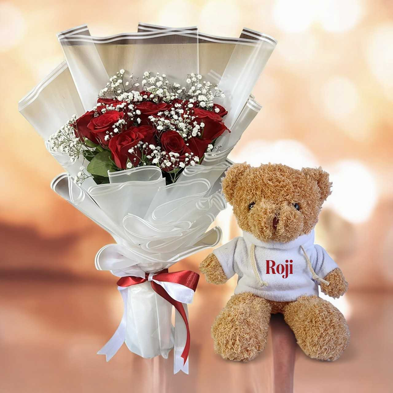 12 Red Roses Bouquet with Customized Teddy Gift to Nepal | Giftmandu