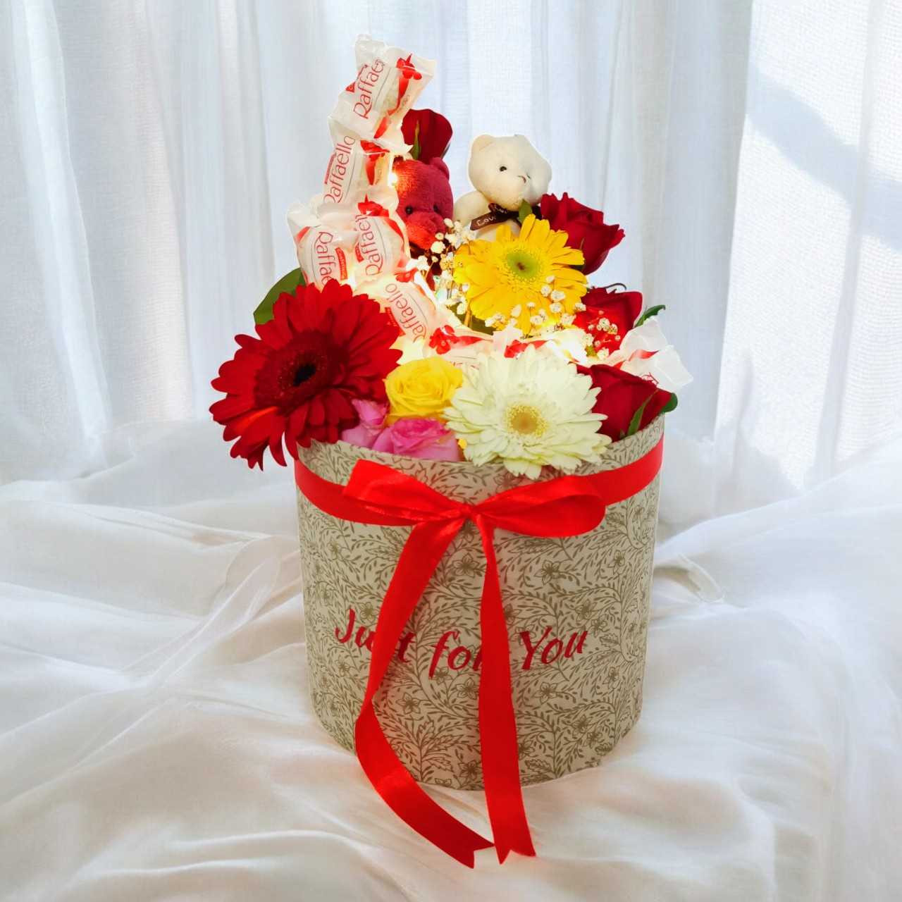 LED Floral Gift Box with Teddy Keyring & Chocolates