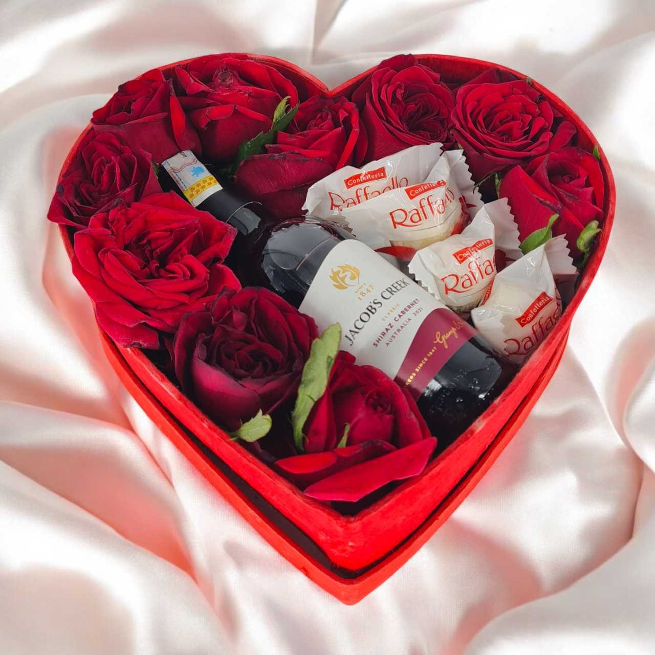 Romantic Red Roses, Wine & Raffaello Chocolate Gift Set
