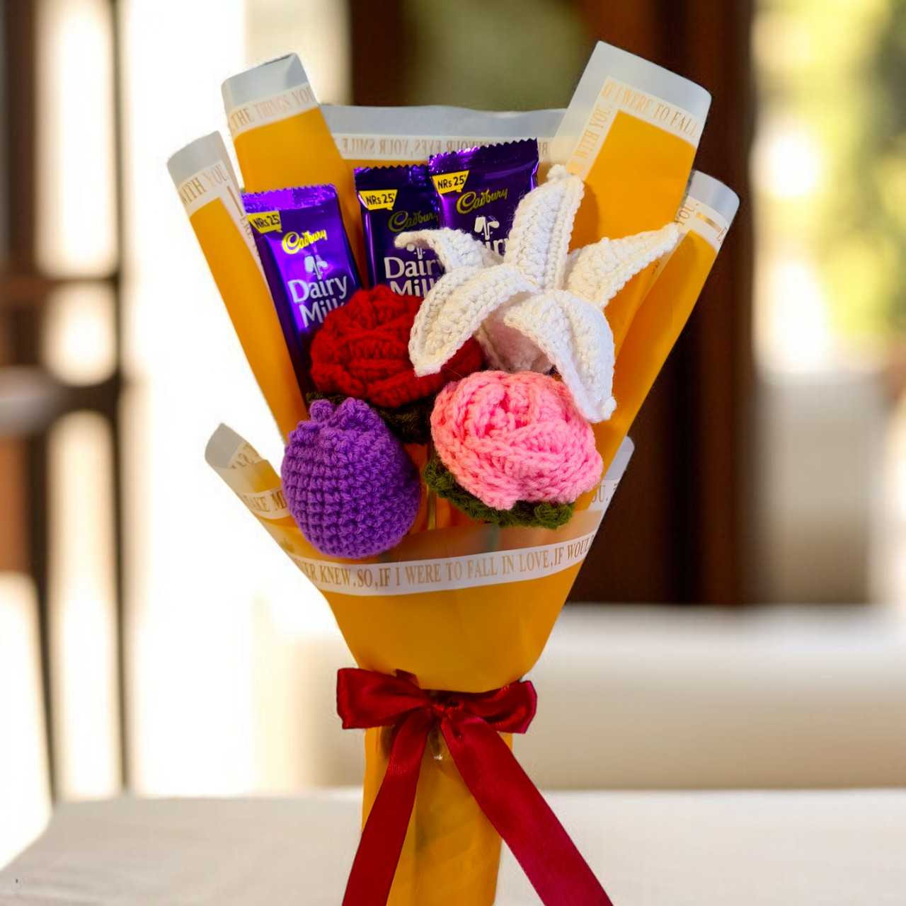 Everlasting Crochet Flower & Chocolate Bouquet