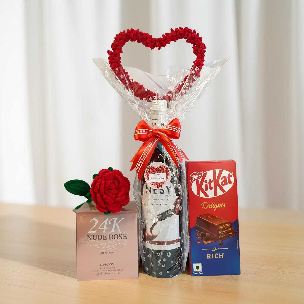 Romantic Crochet Flowers, Red Wine, Chocolate & Perfume For Her