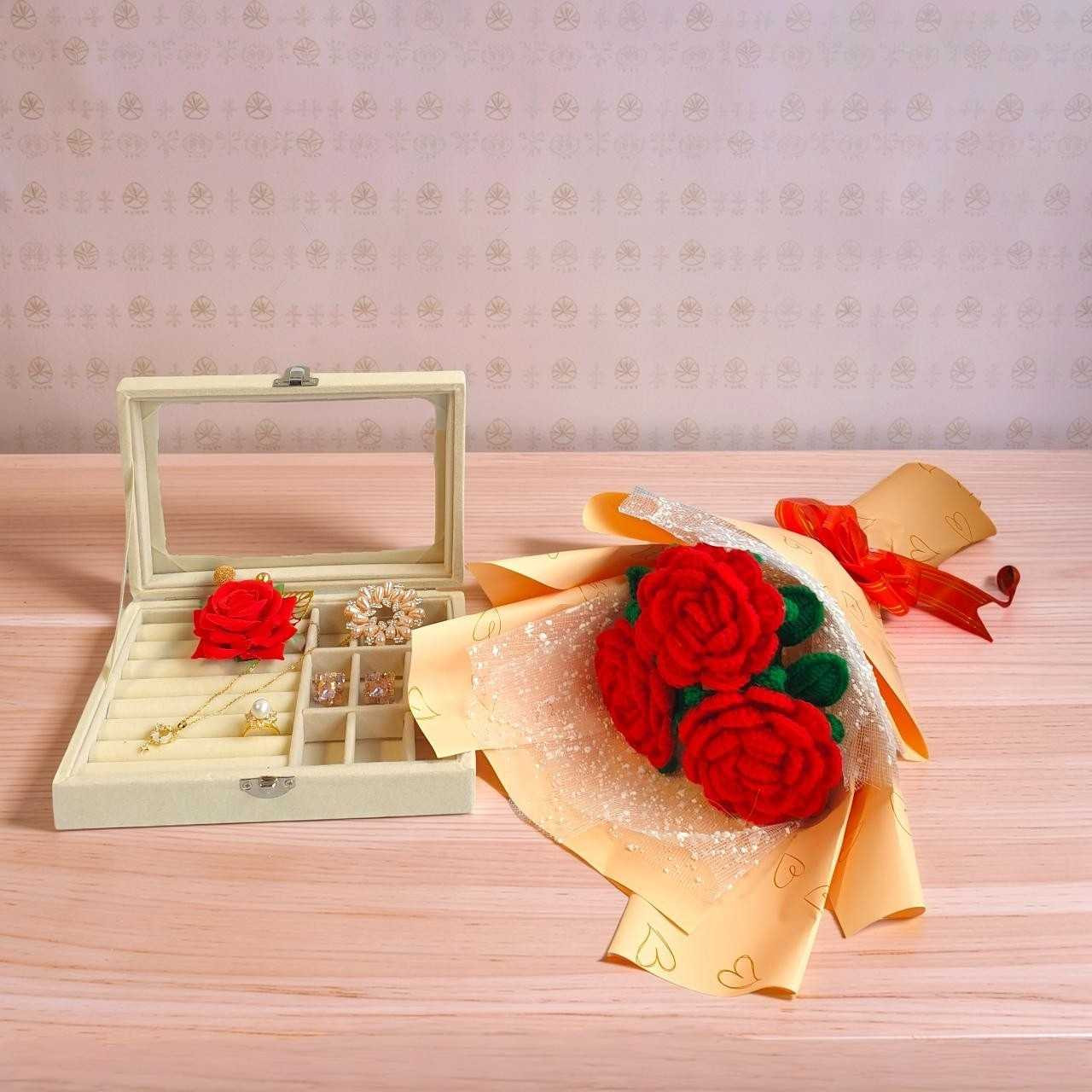 Stylish Accessories Gift Box with Crochet Rose Bouquet
