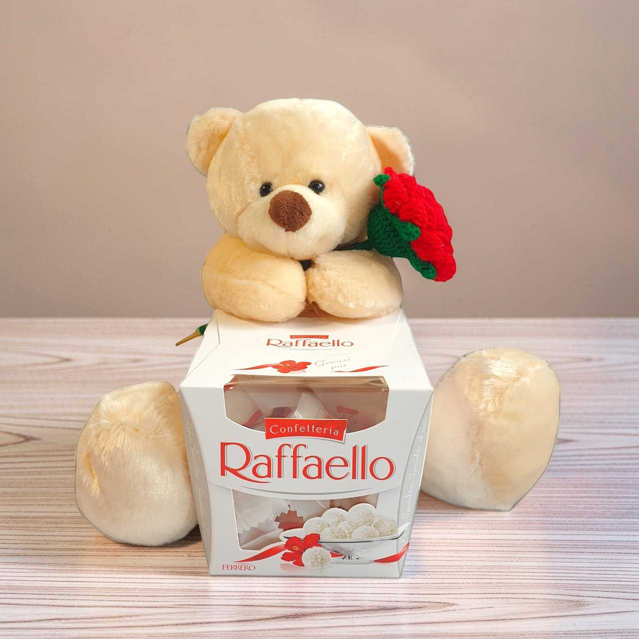Adorable Teddy Holding Crochet Rose with Raffaello Chocolate Gift Set