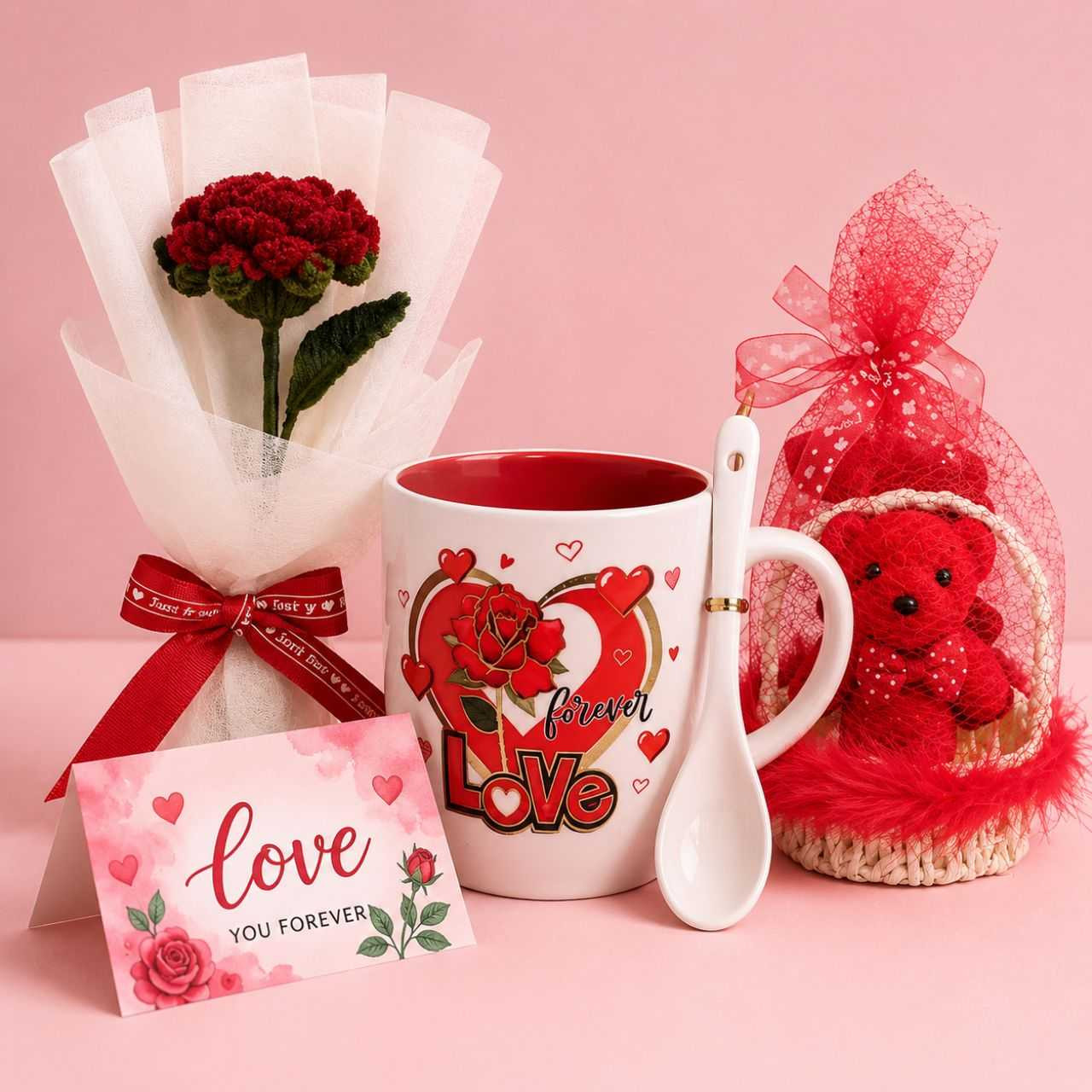 Forever Love Gift Set with Crochet Rose Bouquet & Teddy Basket