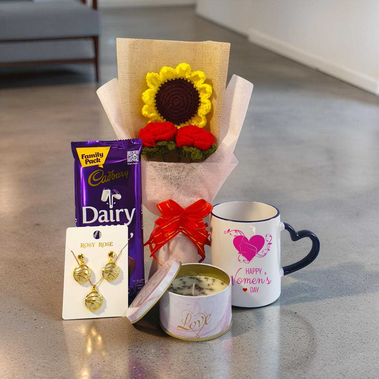Crochet Flower Bouquet with Jewelry & Mug Gift Set