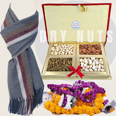 Red Velvet Dry Nuts Box with Muffler & Mala Set Tihar Bhaitika Gifts ...