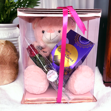 Teddy Bear With Single Red Rose & Cadbury Celebration Hamper Gift ...