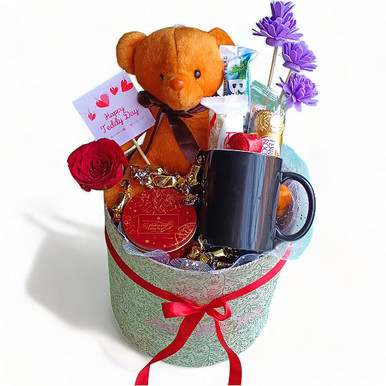 Teddy With Ceramic Mug, Diffuser, Chocolates, Candle & Rose Valentine's ...
