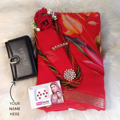 Gift Set for Her – Red Saree, Accessories and Personalized Wallet Gift ...