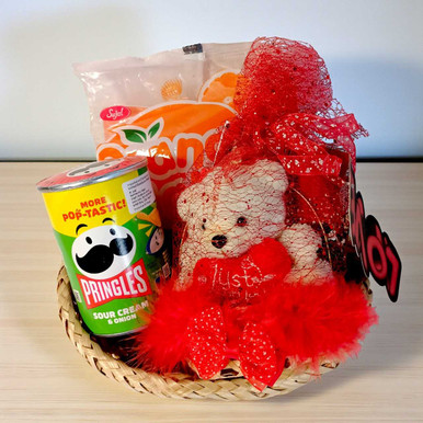 Teddy Love Basket with Orange Ball & Pringles