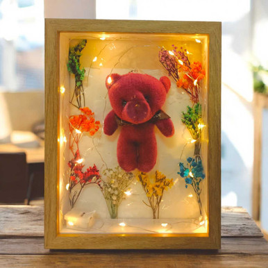LED Lights Frame with Red Mini Teddy & Dry Gypsy Flowers