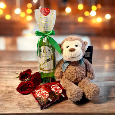 Romantic Gift with Roses, White Wine 750ml & Cute Monkey Gift to Nepal ...