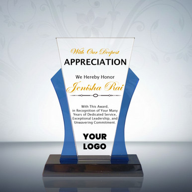 Customised Blue Crystal Trophy with Name & Message – Black Base