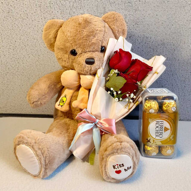 Adorable Teddy, Roses Bouquet & Ferrero Gift Set