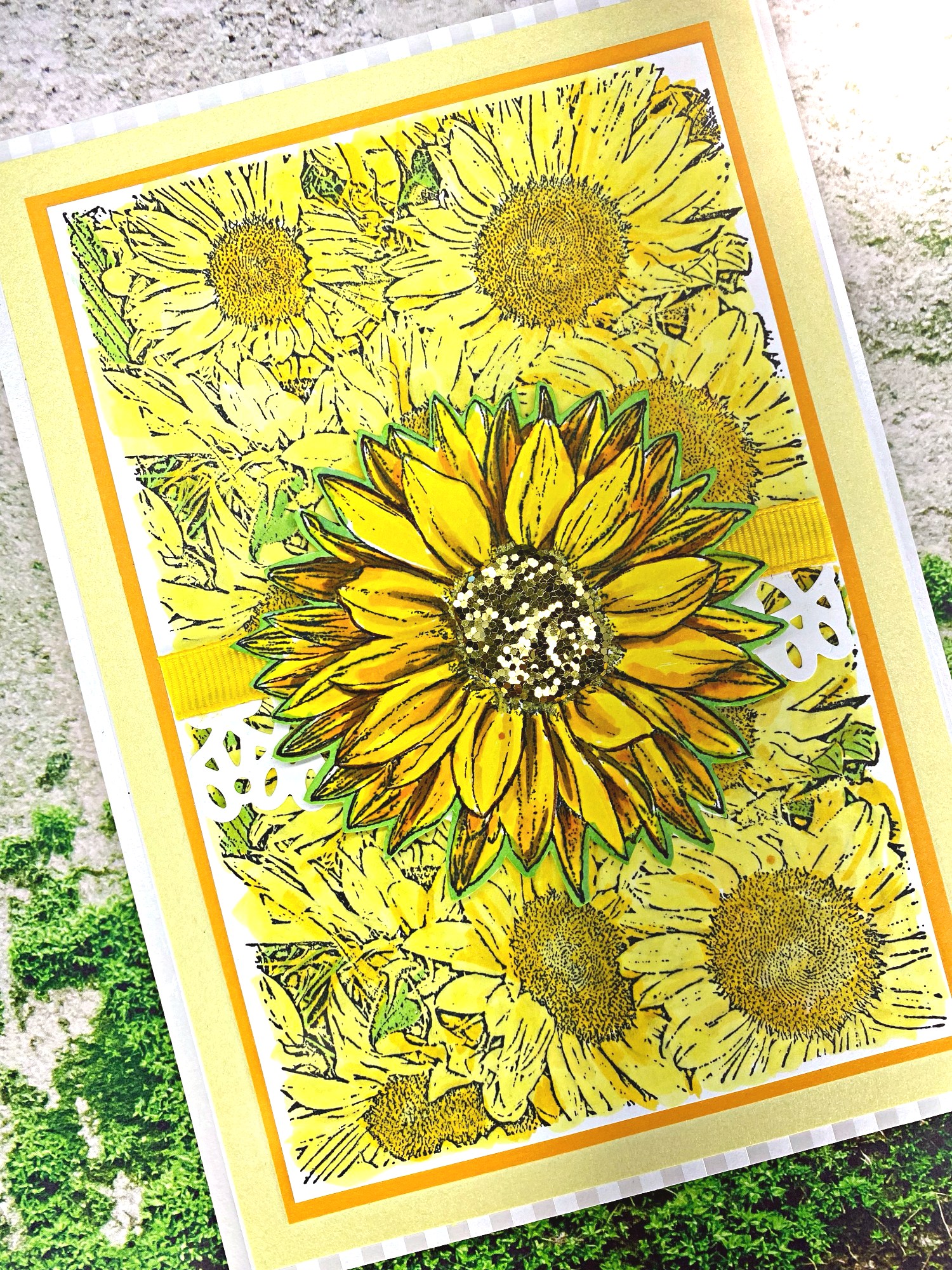 Golden Glitter Sunflowers Card - Deep Red Stamps