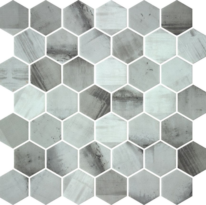 Onix Mosaic 2" hexgaon recycled glass tile mosaic Bardiglio