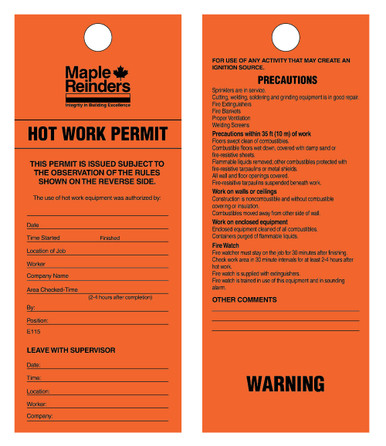 MR085 Orange Hot Work Permit Tags 4"x10"
