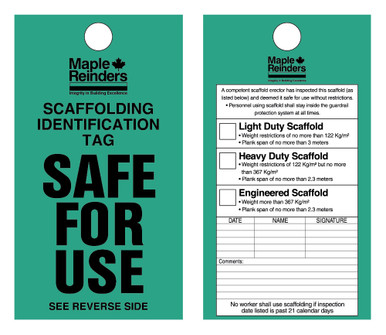 MR086 Green Safe Scaffolding Identification Tags 4"x7.25"