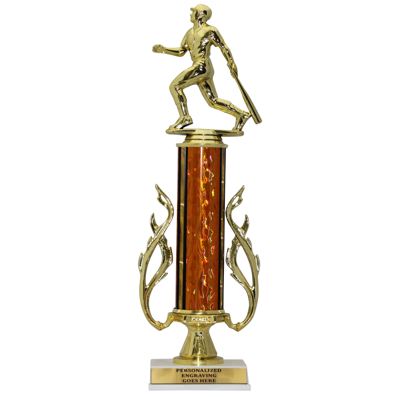 Customizable Single-Column Baseball Trophy with Swinging Baseball Player