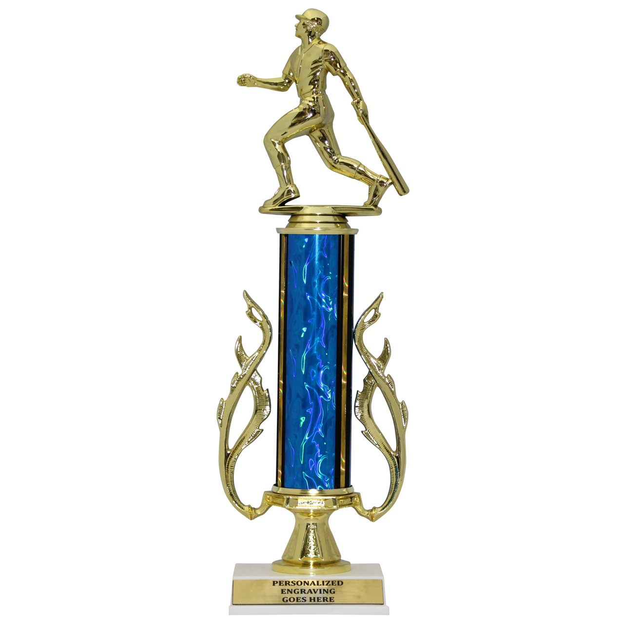Customizable Single-Column Baseball Trophy with Swinging Baseball Player