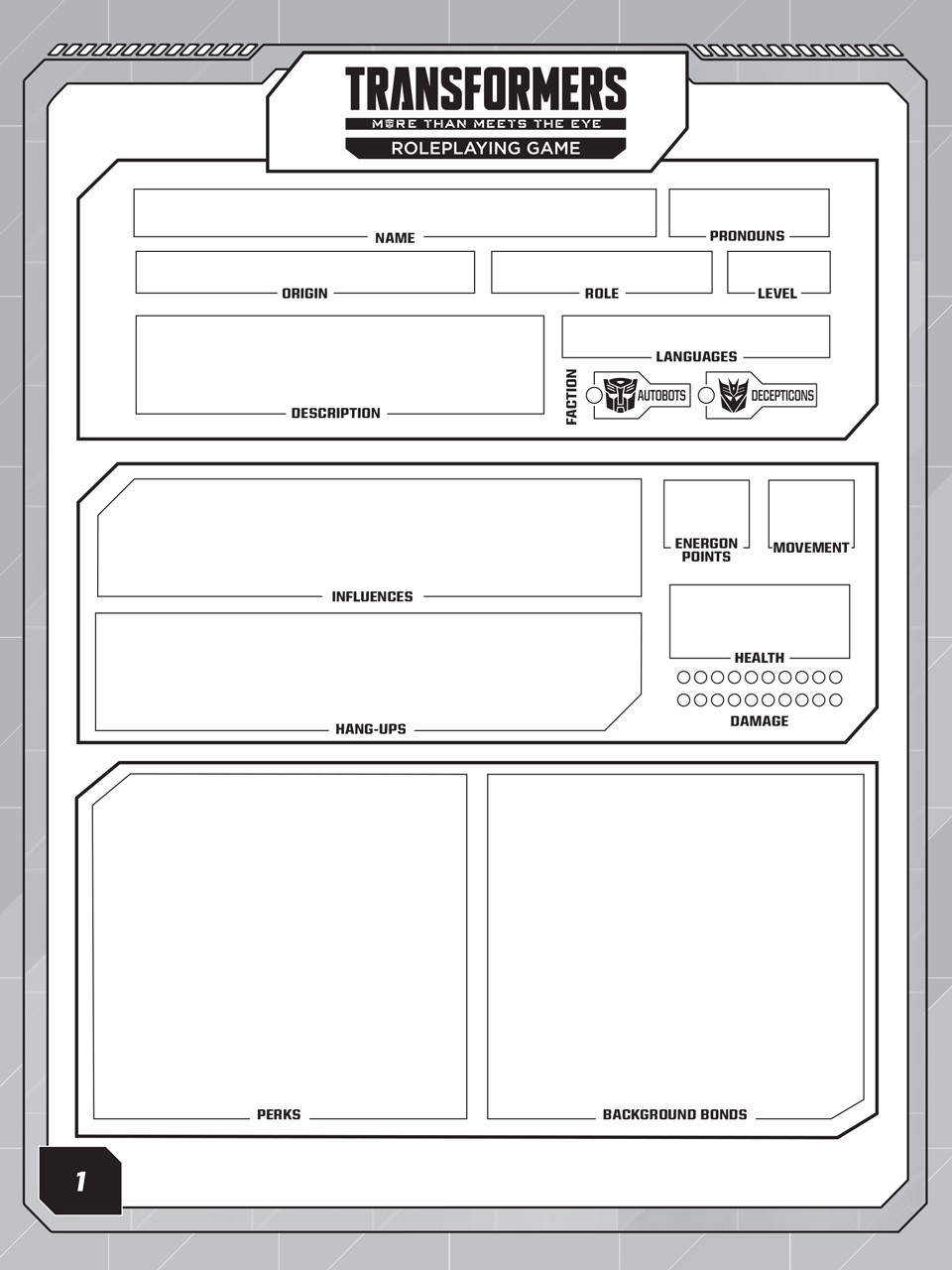 Transformers Roleplaying Game Expanded Character Sheet Journal ...