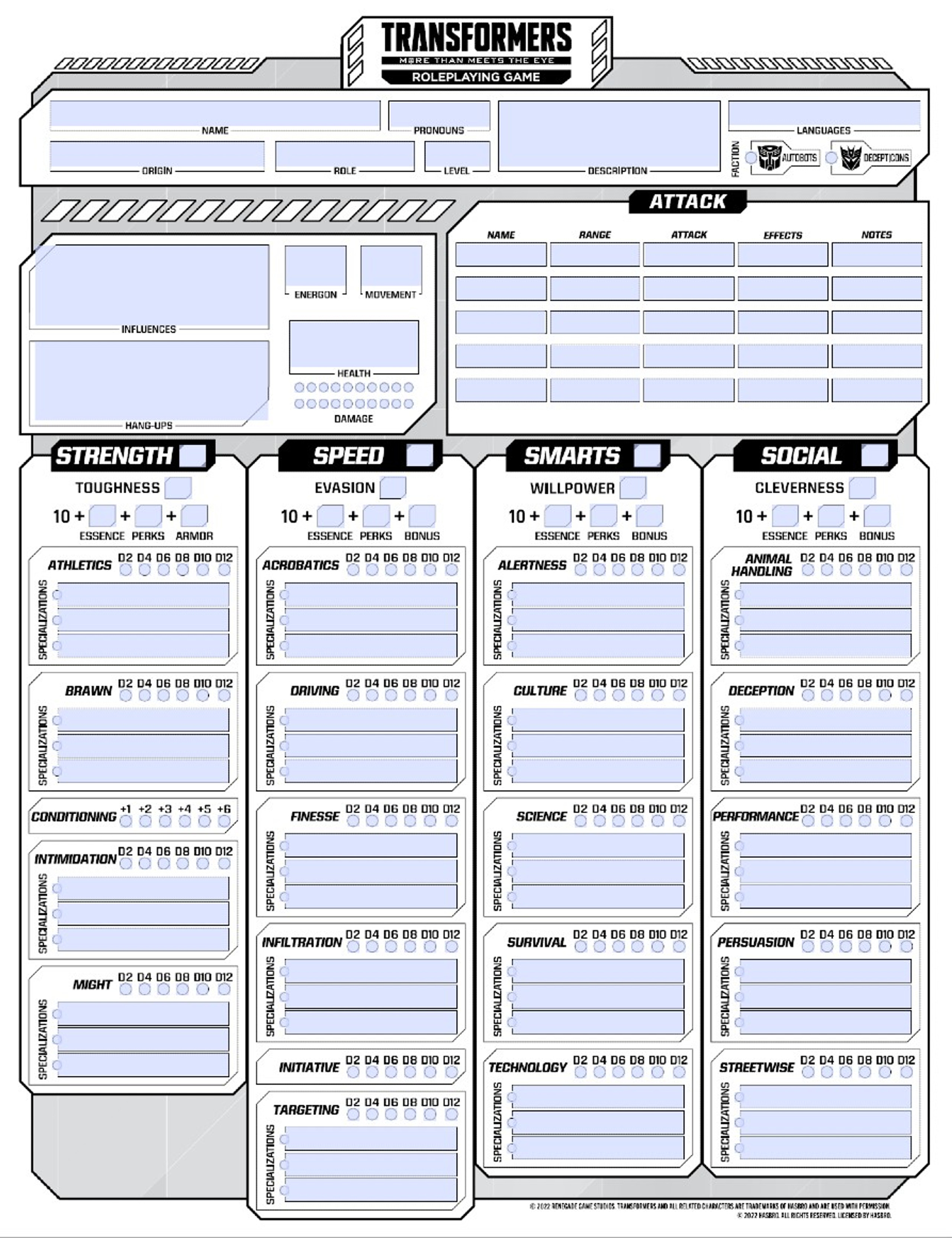 Transformers Roleplaying Game Fillable Pdf Character Sheet
