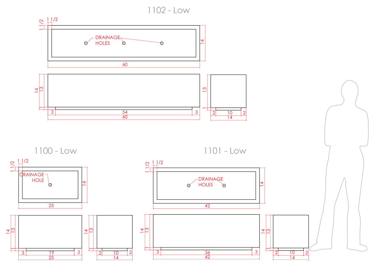 Low Rectangle Aluminum Planter 24in, 42in, 60in lengths
