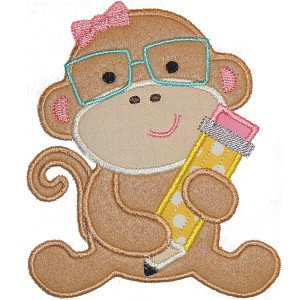 Pencil Monkey Applique Embroidery Machine Design