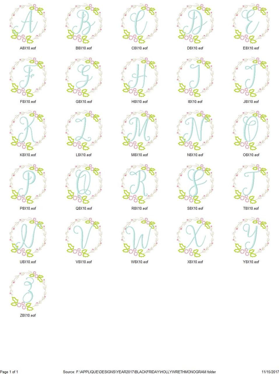 Holly Wreath Monogram Embroidery Machine Design