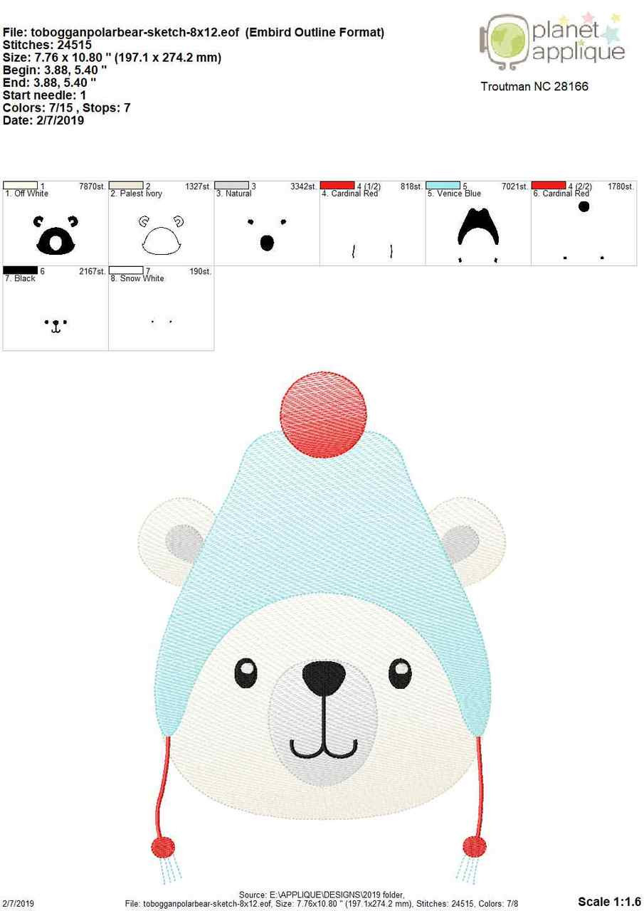 Toboggan Polar Bear Sketch Filled Stitch Embroidery Machine Design