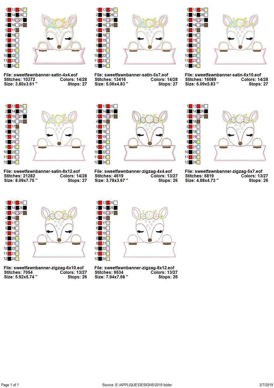 Sweet Fawn Banner Satin and ZigZag Stitch Embroidery Machine Design