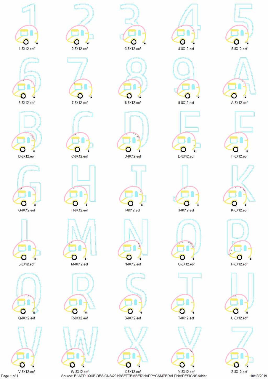 Happy Camper Applique Alphabet Embroidery Machine Design