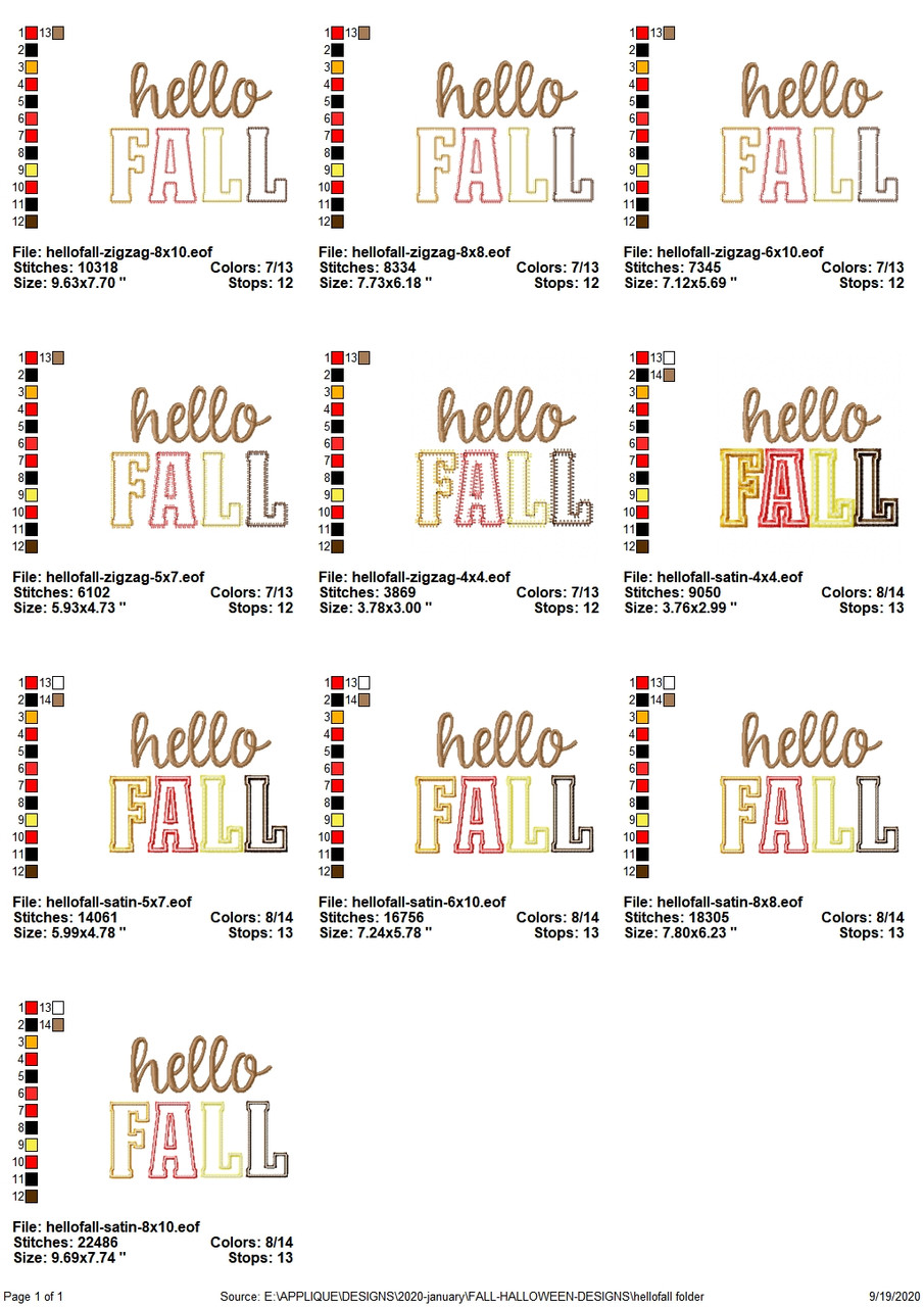 Hello Fall Satin and Zigzag Applique Embroidery Machine Design