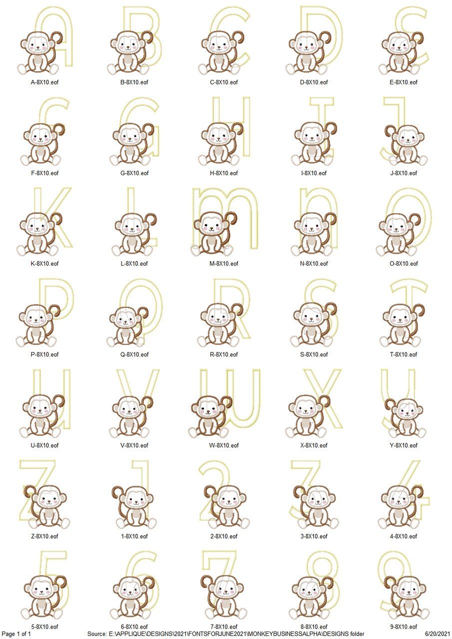 Monkey Business Applique Alphabet Embroidery Machine Design