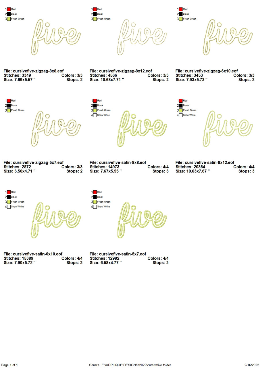 Cursive Script One Two Three Four Five Satin and Zigzag Applique ...