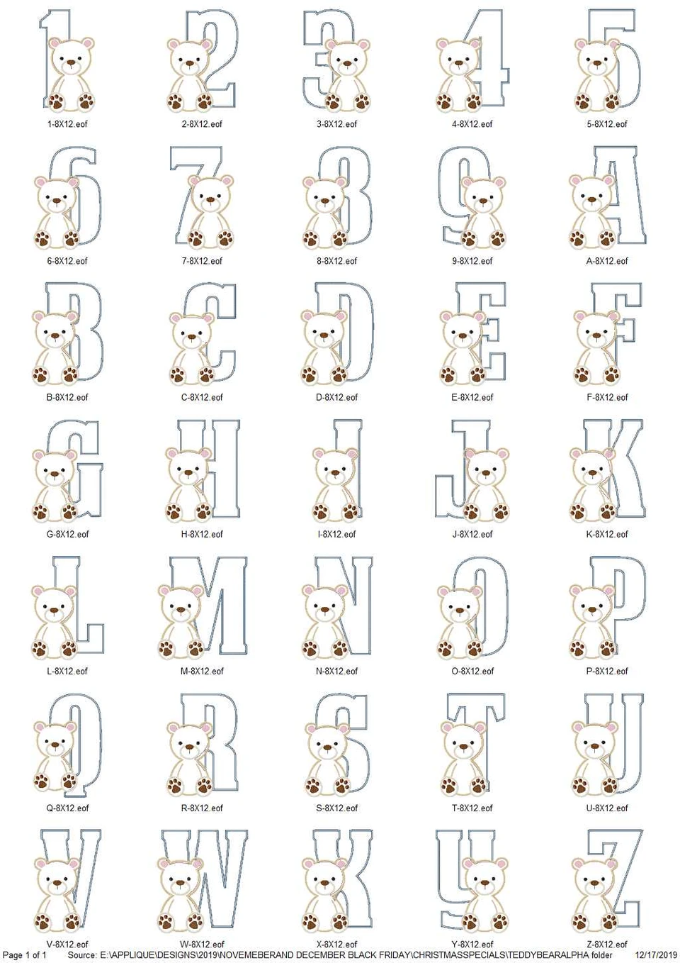 Teddy Bear Alphabet Embroidery Machine Design
