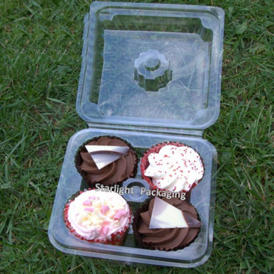 4 Cup Cake Container with hinged lid | 4 cavity bakery container ...