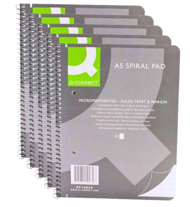 Pack x 5 Q-CONNECT A5 Spiral Pad Microperforated Ruled Feint & Margin