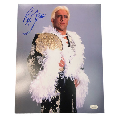 Ric Flair Autographed 11x14 Holding Belt White Feather Robe Photo - JSA