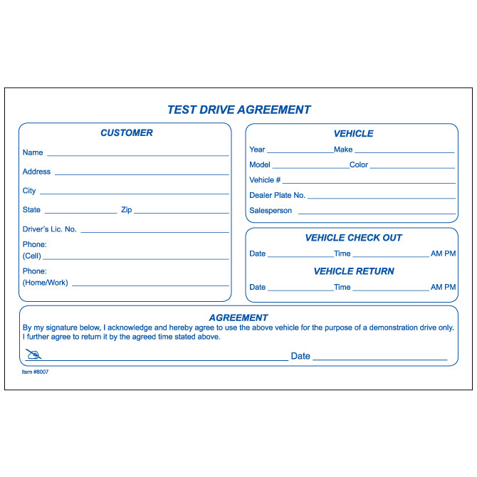 Test Drive Agreement Form (#8007) - Park Place Printing And Promotional ...