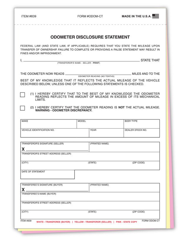 3-Part Odometer Disclosure Statement Form