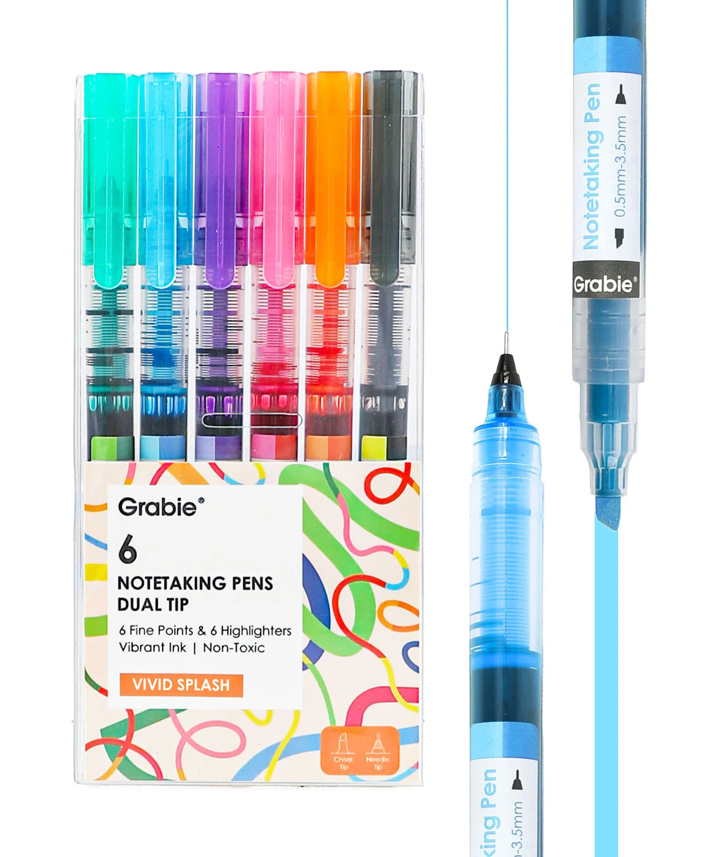 Dual-Tip Notetaking Pen Set Of 6 - Vivid Splash | GoodThings