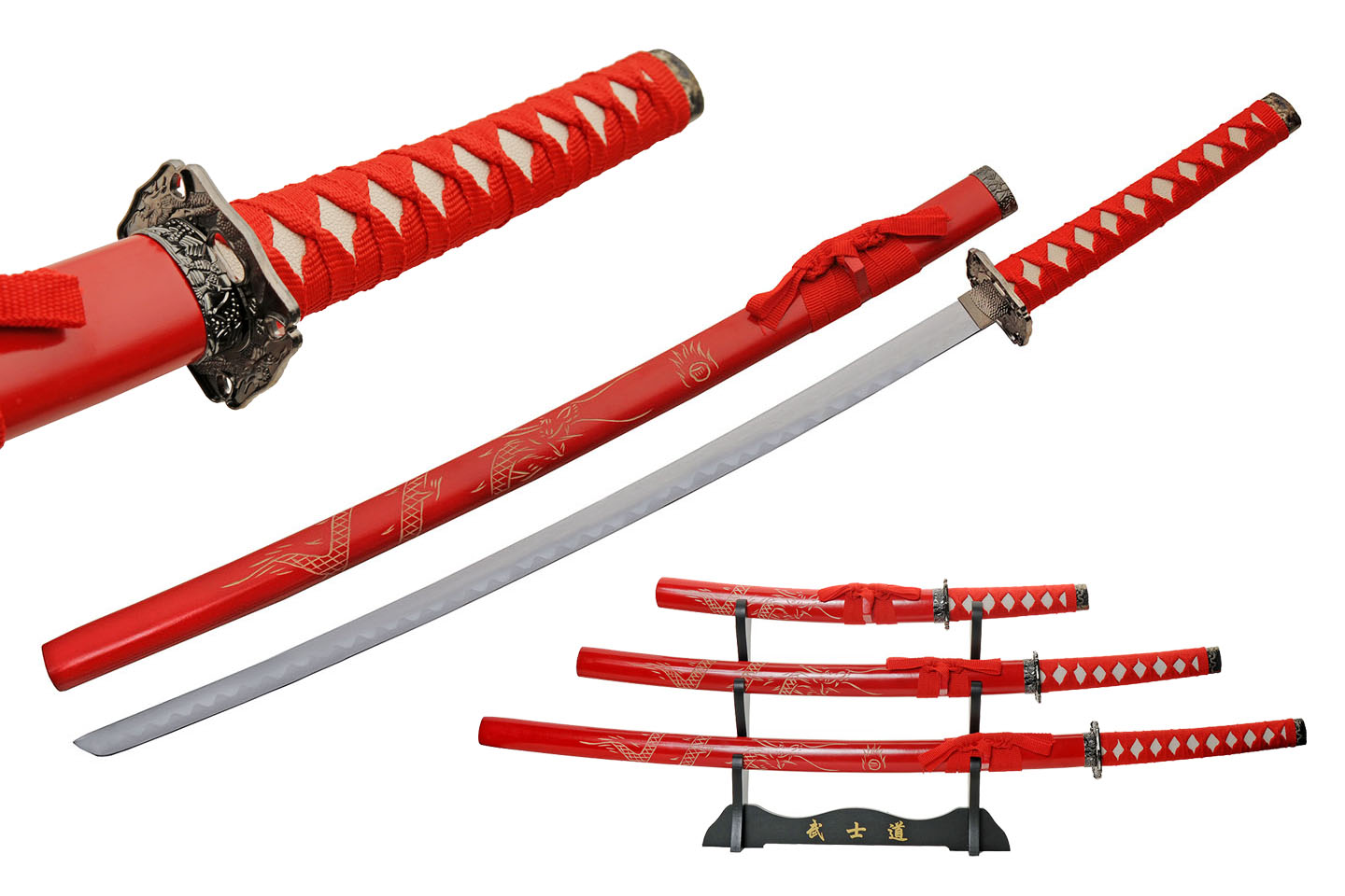 3 PC RED DRAGON KATANA SET - Warrior Emporium